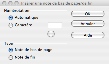 Fig. 1 : Fenêtre d'insertion de note de bas de page